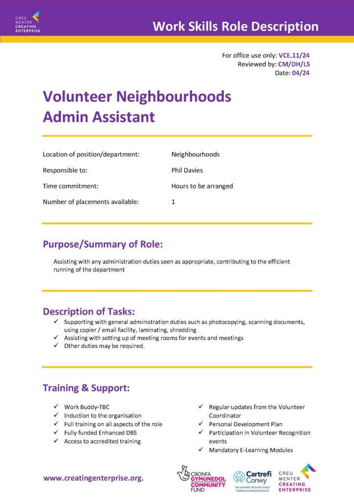 Volunteer Neighbourhoods Admin Assistant - Creating Enterprise