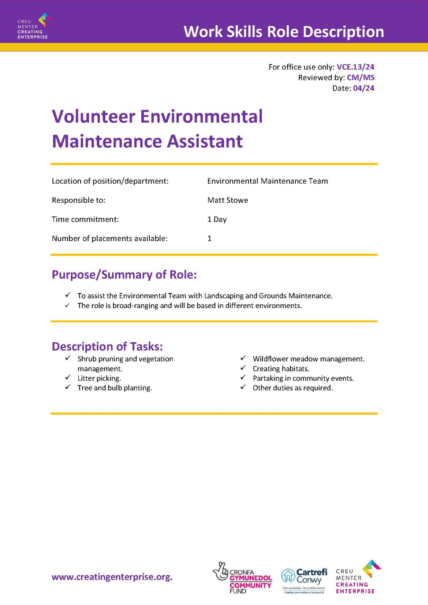 Volunteer Environmental Maintenance Assistant - Creating Enterprise